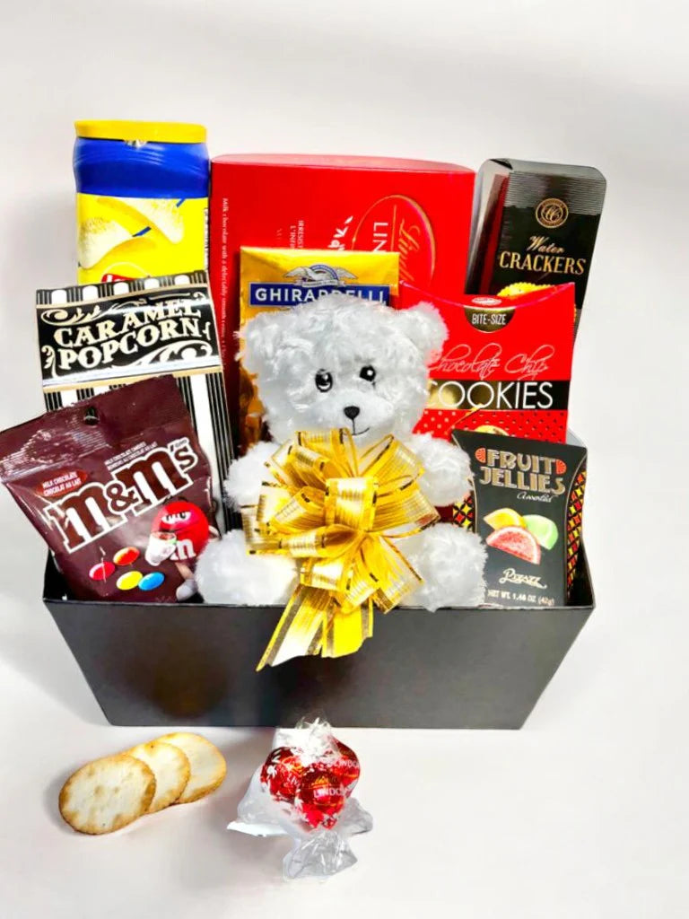 Savory Treats Gift Box with Teddy Bear – Gift Basket Hub